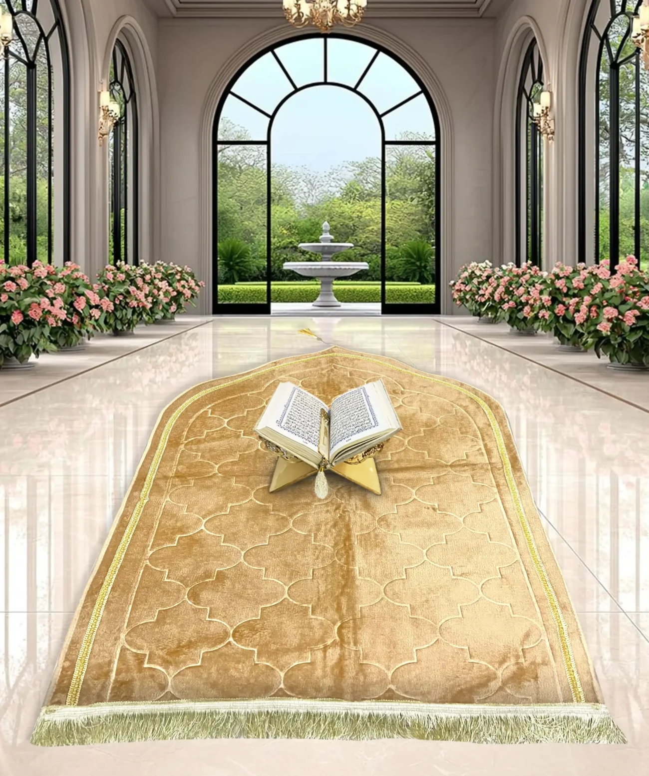 Premium Velvet Prayer Mat - Janamaz (Cream) - Paradise Blooom